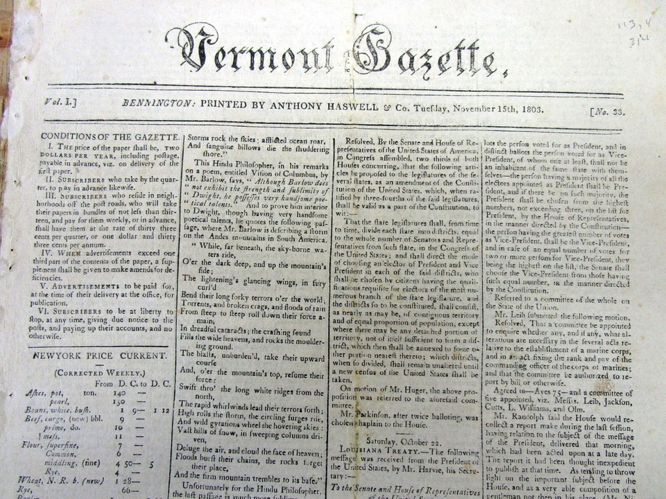 1803 newspaper PRESIDENT THOMAS JEFFERSON & THE LOUISIANA PURCHASE from ...