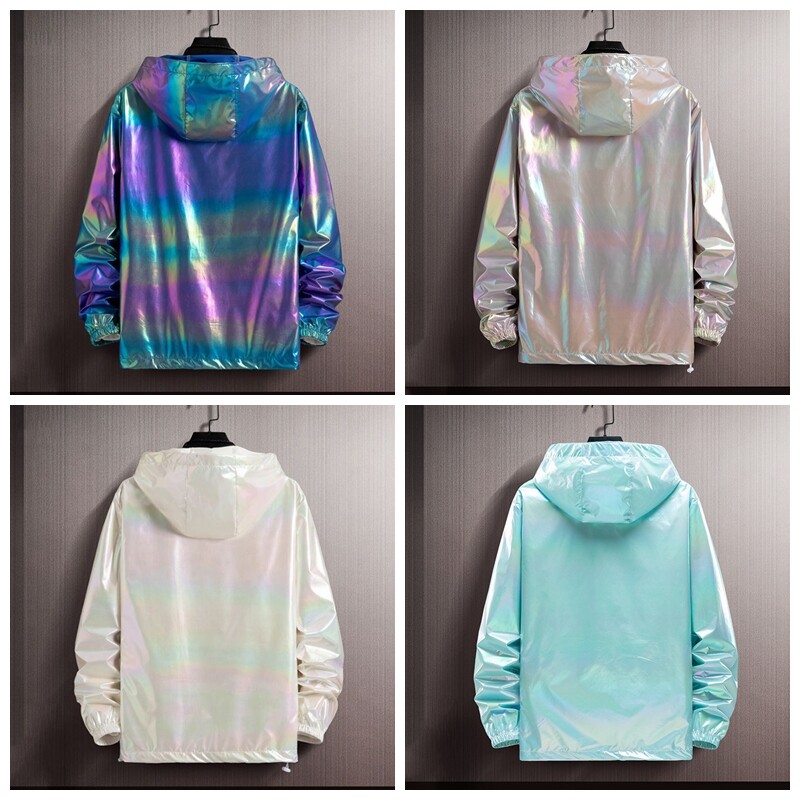 Unisex Hooded Coat Iridescent Shiny Holographic Jacket Harajuku Fashion ...