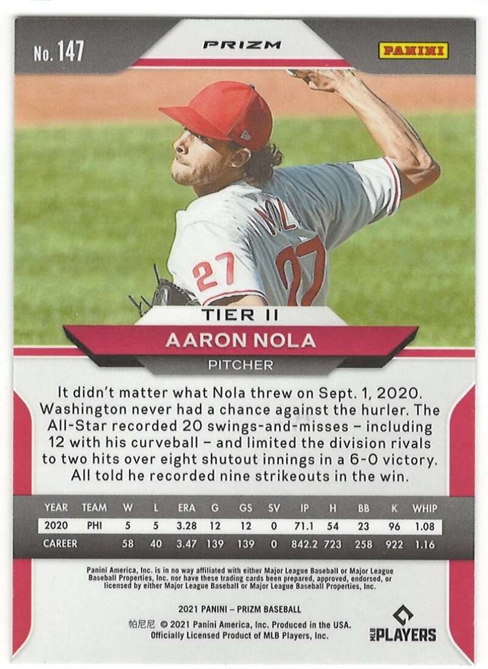 AARON NOLA 2021 Panini Prizm Green Wave Prizm #147 Phillies Tier II ID ...