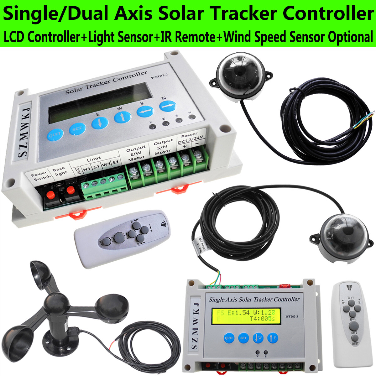 LCD Single/Dual Axis Solar Tracker Controller W/ Wind Sensor DIY Solar ...