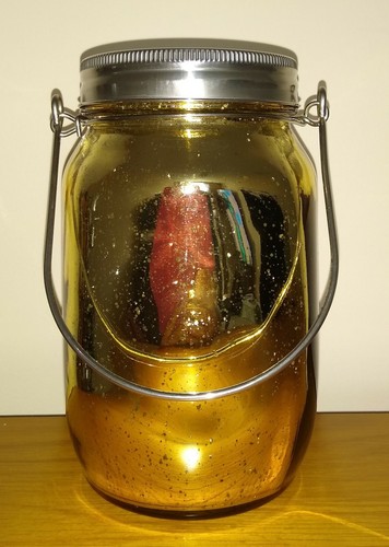 ORNAMENTAL MERCURY STYLE GOLD SPLATTER GLASS JAM JAR WITH TINY FAIRY ...