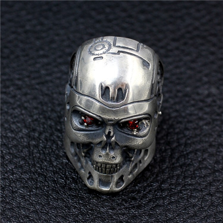 925 sterling silver handmade Terminator Robot T800 skull Ruby eyes ...