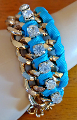 Crystal Rhinestone Blue Ribbon Braided Chucky Gold Tone Statement ...
