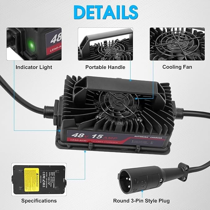 AUTOBABA 48 volt - 15 amp Golf Cart Battery Charger 3-Pin Triangle ...