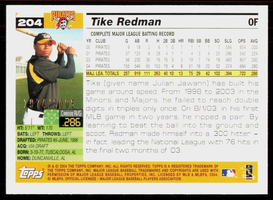 2005 Topps Gold Tike Redman /2005 Pittsburgh Pirates #204 | eBay