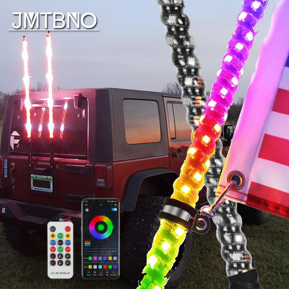 Pair 3FT Lighted Spiral LED Whip Antenna w/Flag & Remote+Springs For ...