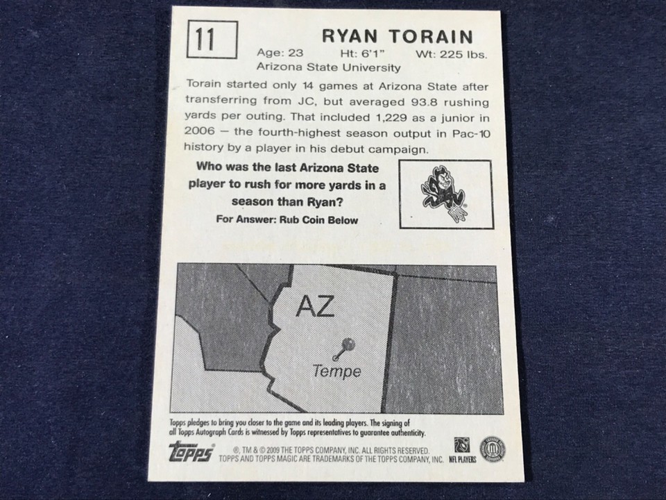 H4-97 FOOTBALL CARD - RYAN TORAIN REDSKINS ROOKIE - AUTOGRAPHED - 2009 ...