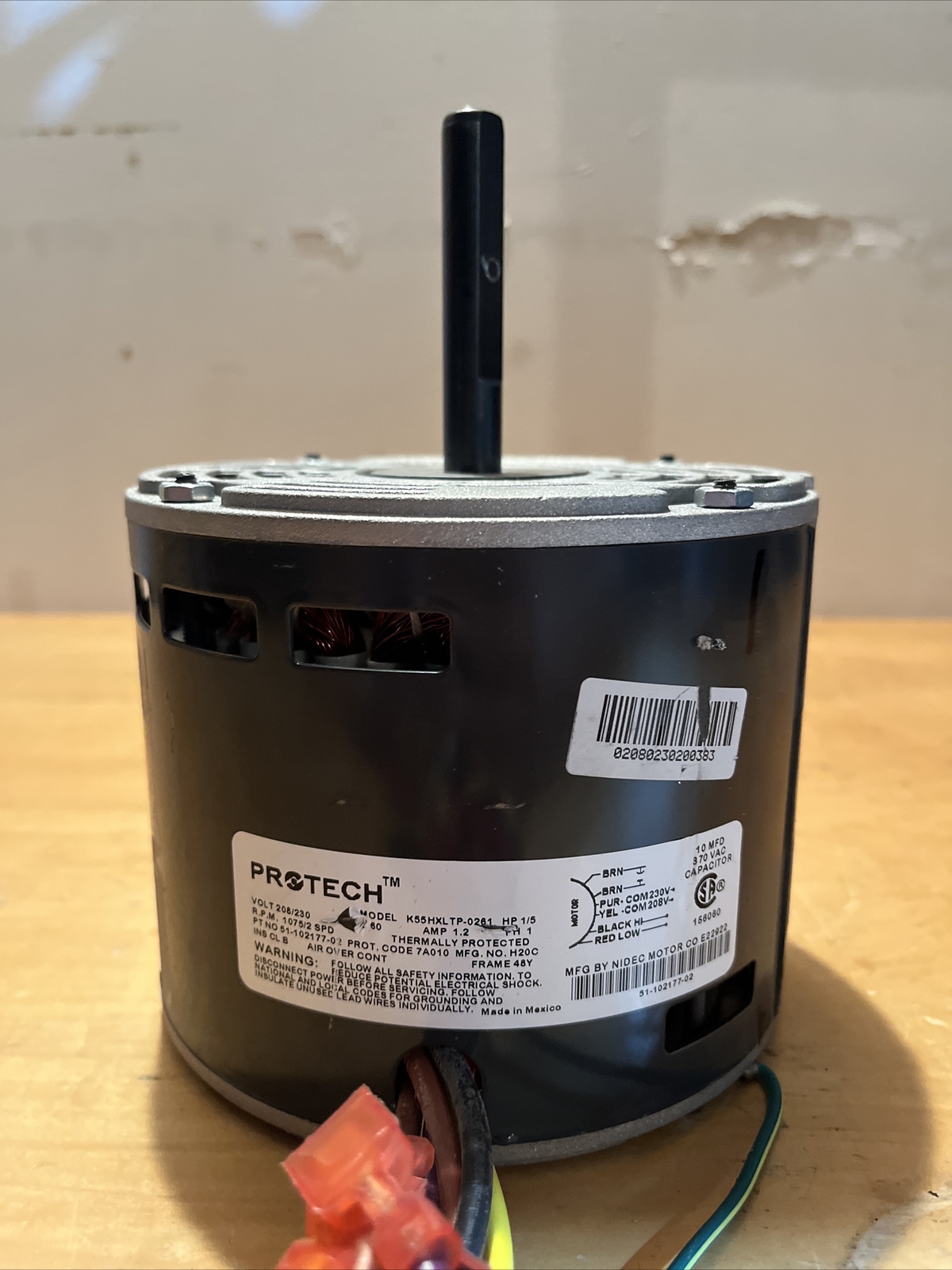 Rheem Emerson 1/5 HP Blower Motor 51-102177-02 K55HXLTP-0261 RPM 1075 2 ...