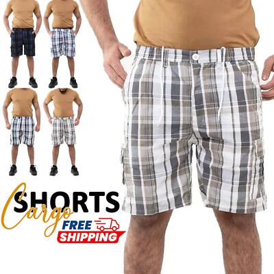New Mens Checked Cargo Shorts Elasticated Waist Combat Summer Cotton ...