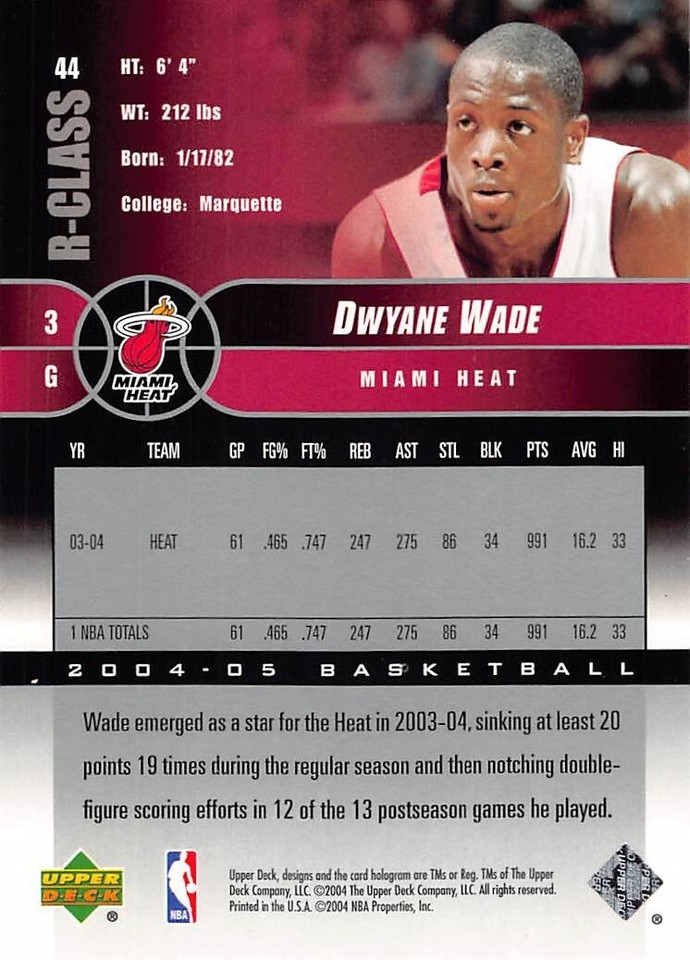 2004-05 Upper Deck Basketball Dwayne Wade R-Class #44 NM/MT MIAMI HEAT ...