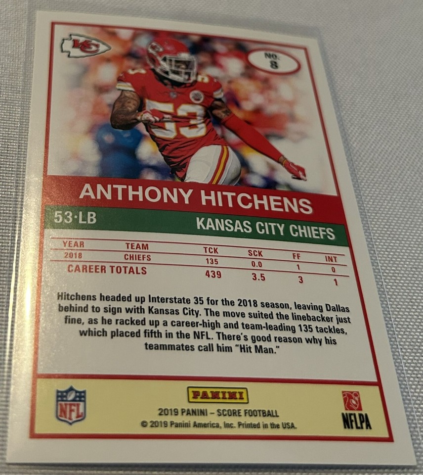 2019 Panini Score Football Anthony Hitchens Kansas City Chiefs base ...