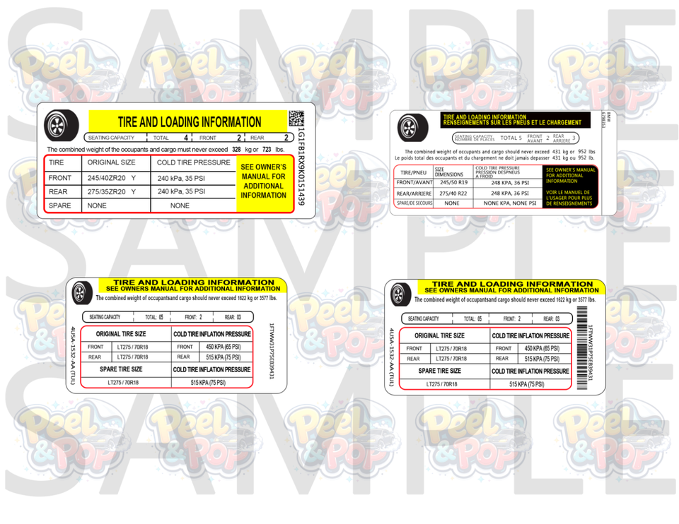 Vin Label Replacement Sticker Tire Pressure Replica All Makes and Model ...