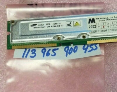 512MB RAMBUS RIMM 800-40 800 40 512MB/16 184PIN NON-ECC DUAL RANK 32X8 ...