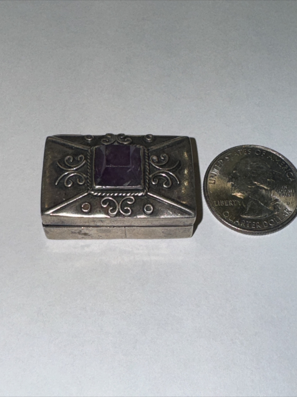 EARLY Vintage MEXICO SILVER sterling & Amethyst HINGED pill OR trinket ...