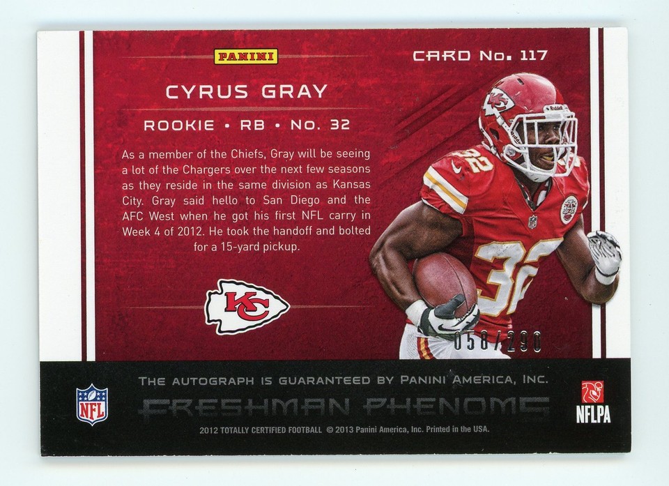 2012 Panini Totally Certified #117 Cyrus Gray Freshman Phenoms Auto 058 ...