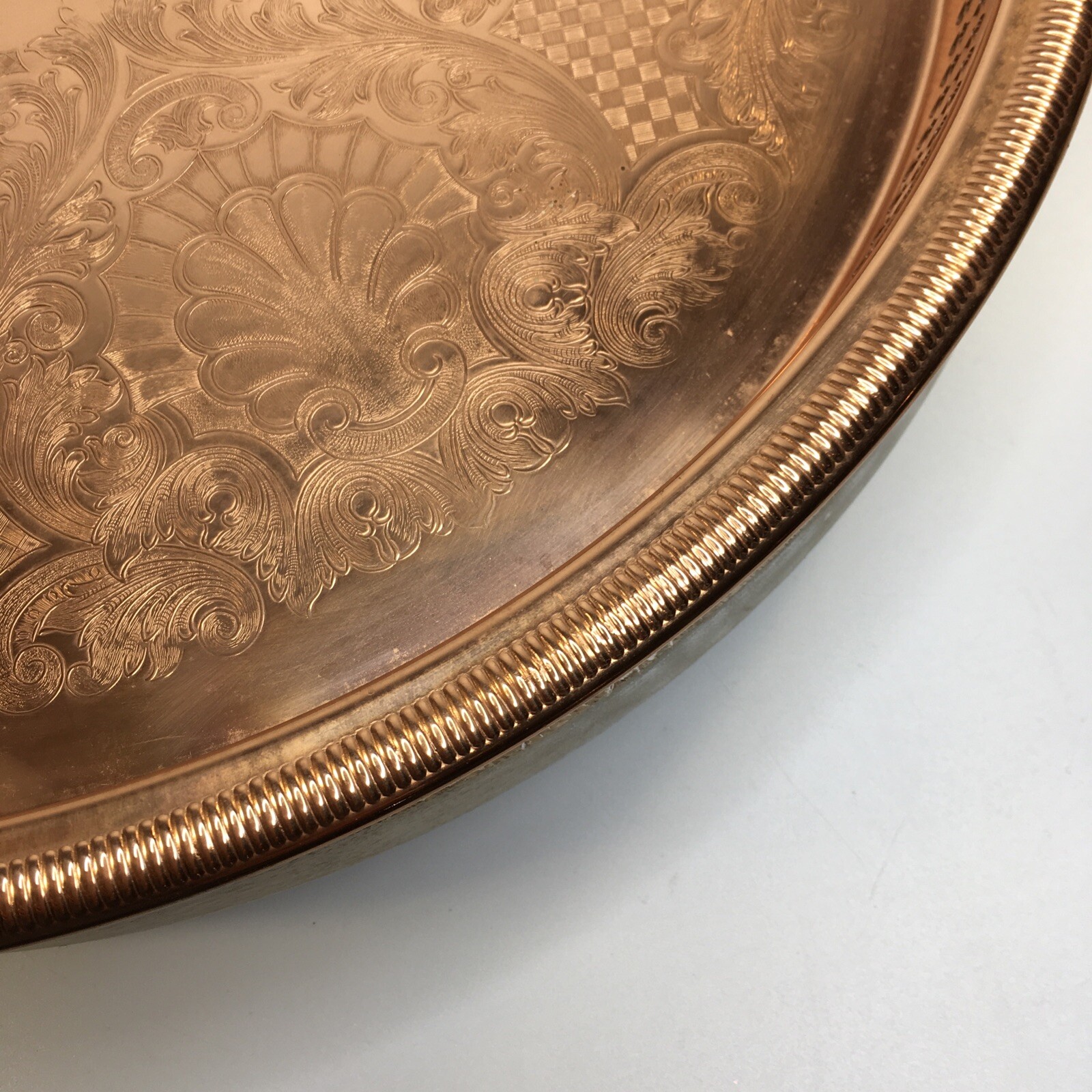 Vtg Solid Copper Serving Tray Etched Reticulated Ribbed Edge ...
