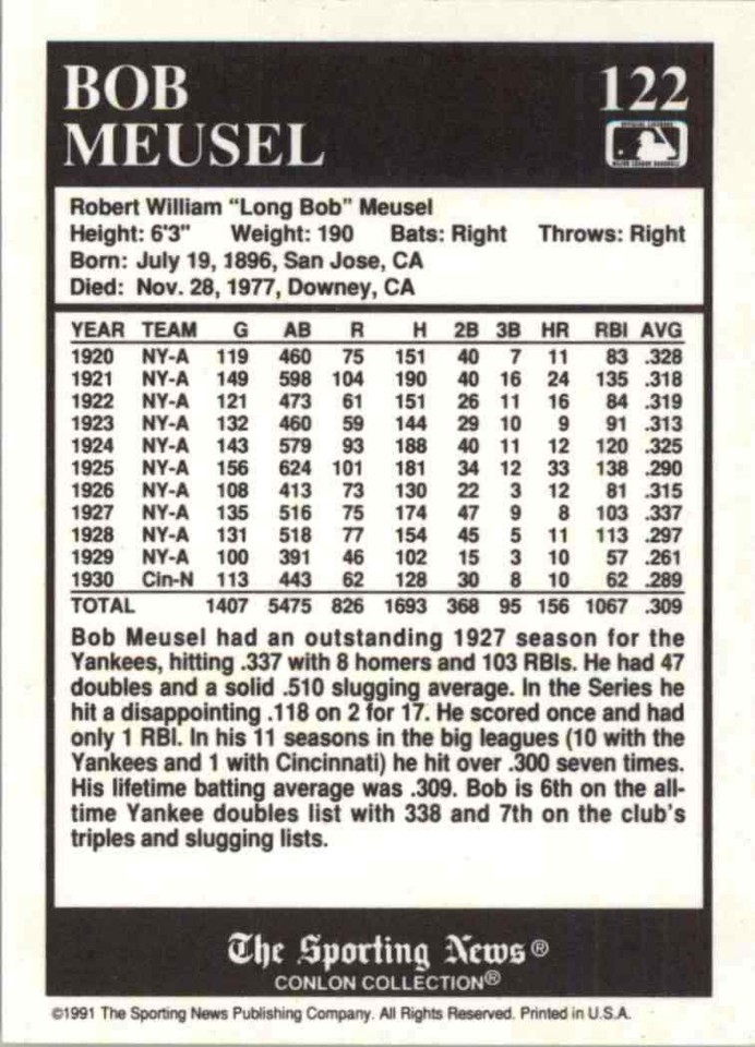 1991 Conlon Collection - The Sporting News - BOB MEUSEL "1927 YANKEES ...
