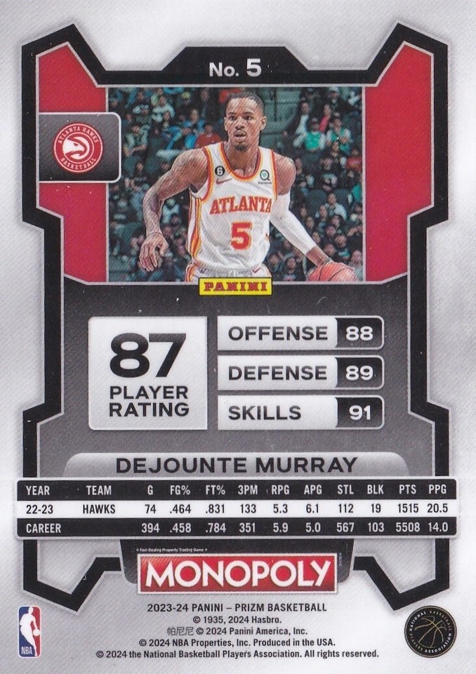 2023-24 Panini Prizm Monopoly DEJOUNTE MURRAY #5 Atlanta Hawks NBA | eBay