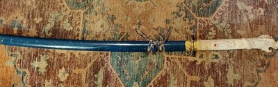 Dragon Motif Carved Ivory Handle Steel Blade Sword with Blue Scabbard ...