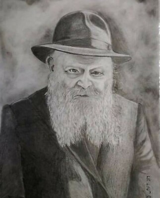Black and white drawing REBBE LUBAVITCH original mixed media on canvas ...