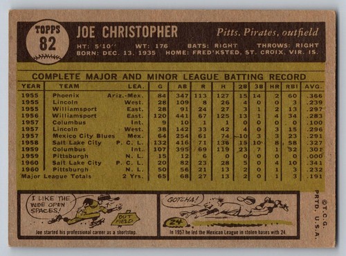 1961 Topps #82 Joe Christopher Pittsburgh Pirates Rookie | eBay