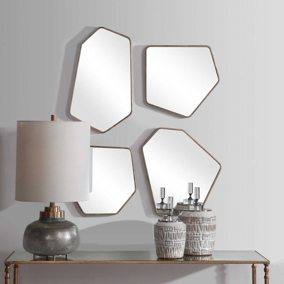 Modern Abstract Shape Wall Mirror Set 4 Tiled Organic Shapes Art Gold ...