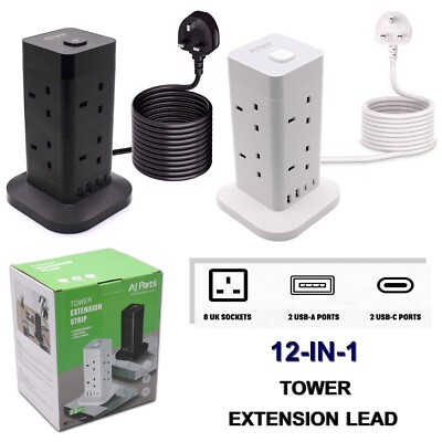Extension 12 Way Tower Power Lead USB Multi Socket Surge Protected ...