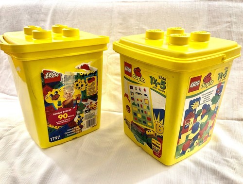 VTG DUPLO LEGOS lot of 330 + 2 yellow storage buckets #1797 & #2266 ...