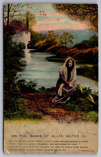 Postcard Broadside Ballad "On the Banks of Allan Water" river in ...