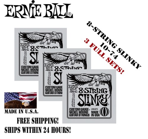 ** 3-PACK ERNIE BALL 8-STRING SLINKY 2625 ELECTRIC GUITAR STRINGS 10-74 ...