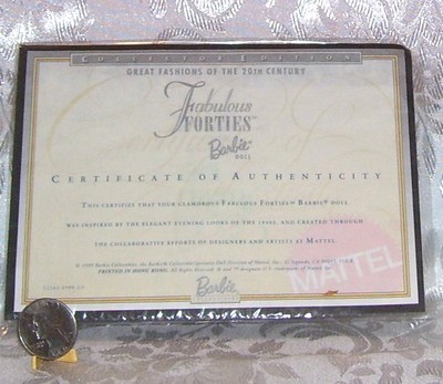 MATTEL FABULOUS 40'S BARBIE DOLL CERTIFICATE OF AUTHENTICITY COA ONLY ...