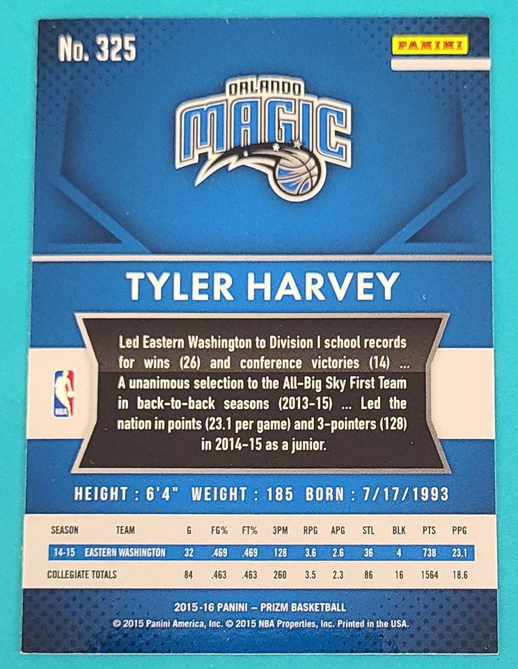 2015-16 Panini Prizm RC #325 Tyler Harvey Orlando Magic BASKETBALL Card ...