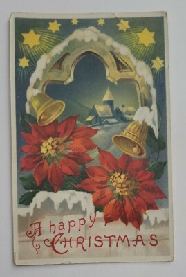 1920s Christmas Postcard A Happy Christmas Bells Poinsettias Church ...
