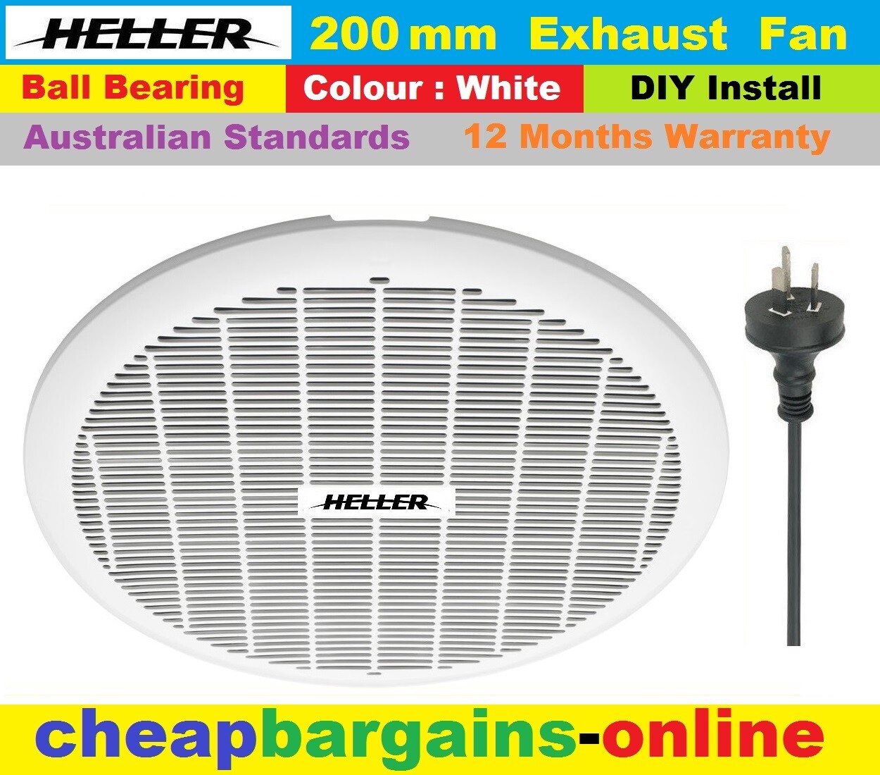 EXHAUST FAN VENTILATOR 200 mm ROUND WHITE DIY INSTALL HELLER BATHROOM ...