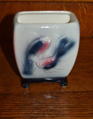 Vintage Circa 1950's Royal Copley Pink Grey White Planter Vase Two Koi ...