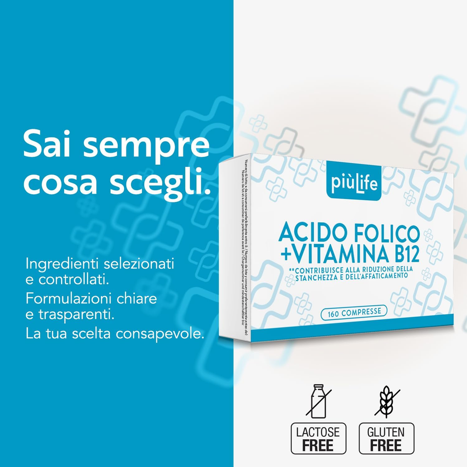 Acido Folico 400 Μg Con B12 160 Compresse Piùlife, 1 Al Giorno, Folina ...
