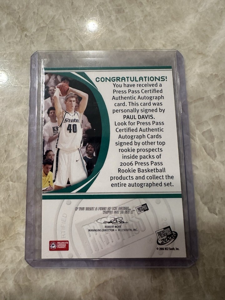 2006 PRESS PASS SILVER Paul Davis Michigan State Spartans BLUE INK AUTO ...