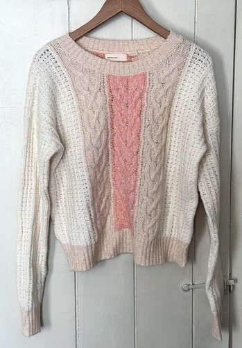 Anthropologie Sleeping On Snow Marie Sweater Pink Ivory Cable Knit w ...