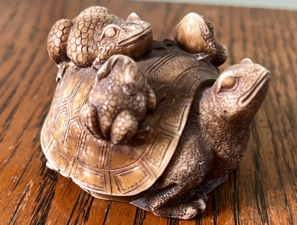 Netsuke Turtle with Three Frogs | eBay