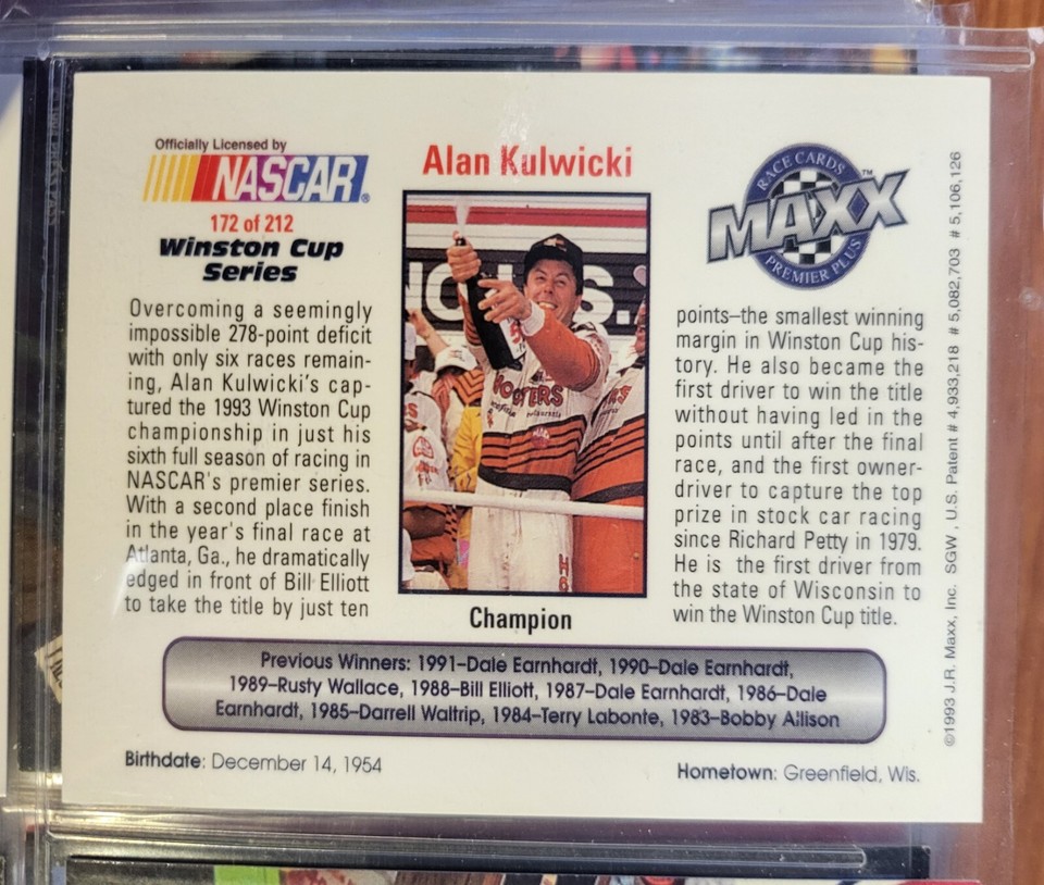 Alan Kulwicki 1993 Maxx Premier Plus Winston Cup Champ Racing Card #172 ...