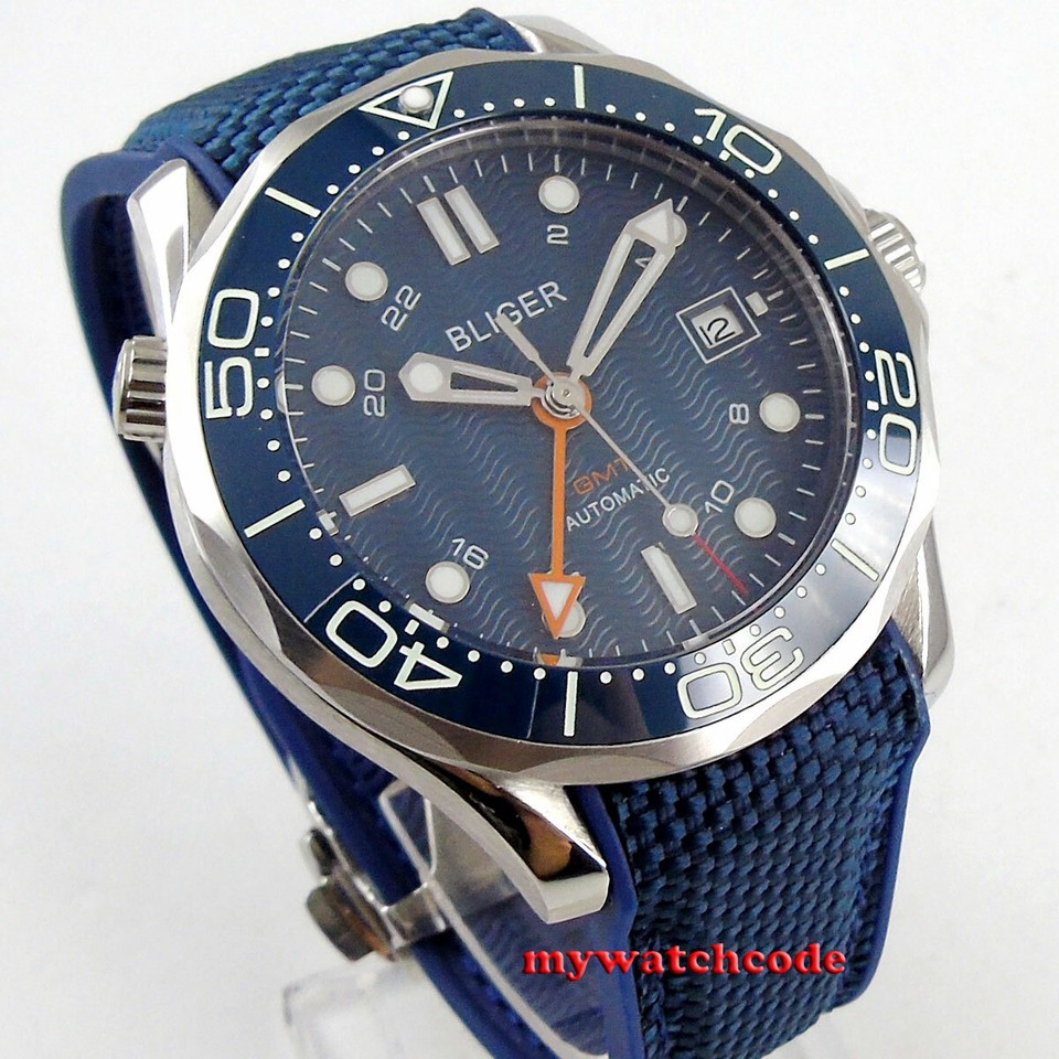 41mm bliger blue dial GMT sapphire glass date Mechanical automatic mens ...