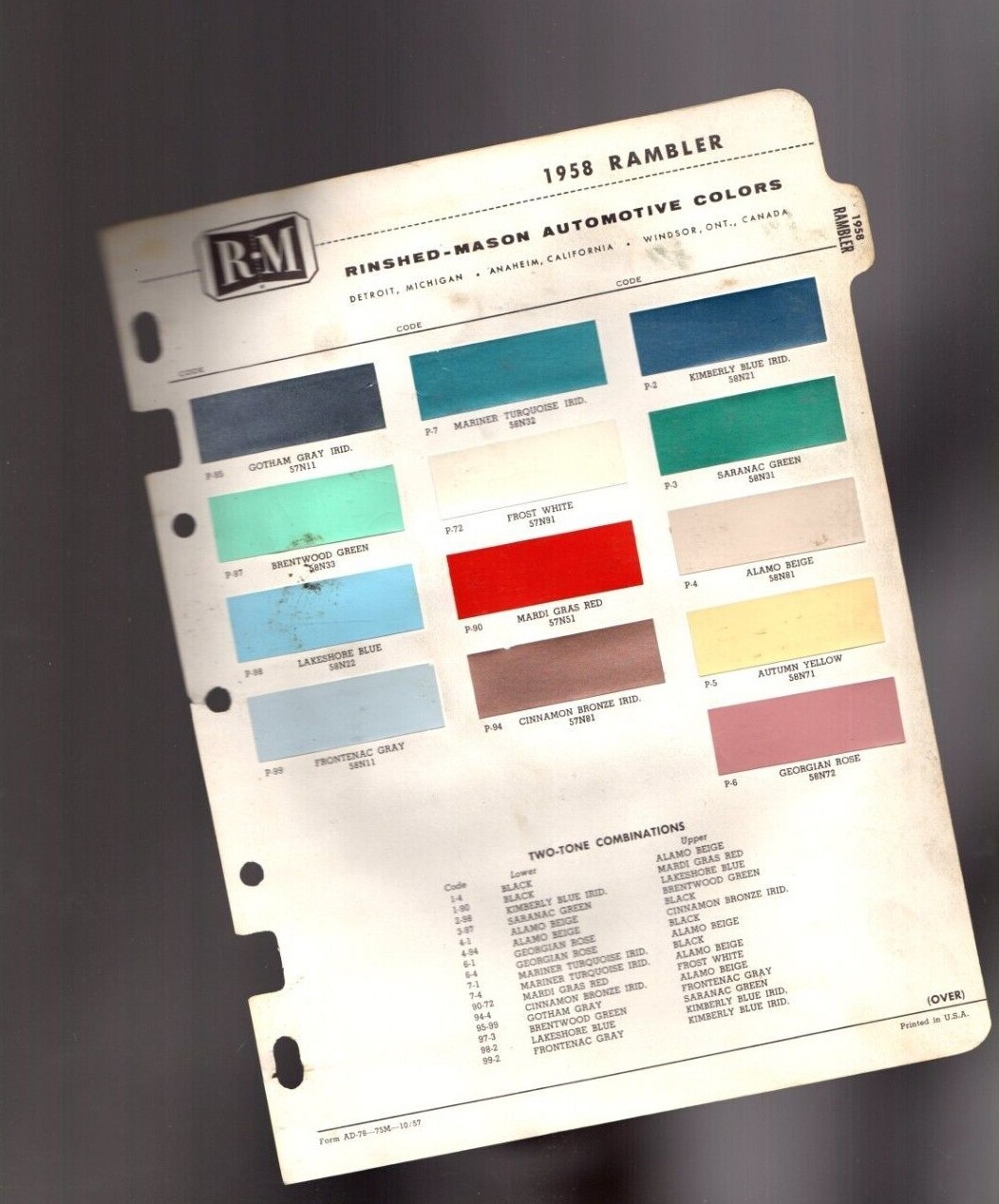 1958 AMC RAMBLER Color Chip Paint Sample Brochure/Chart: RM | eBay
