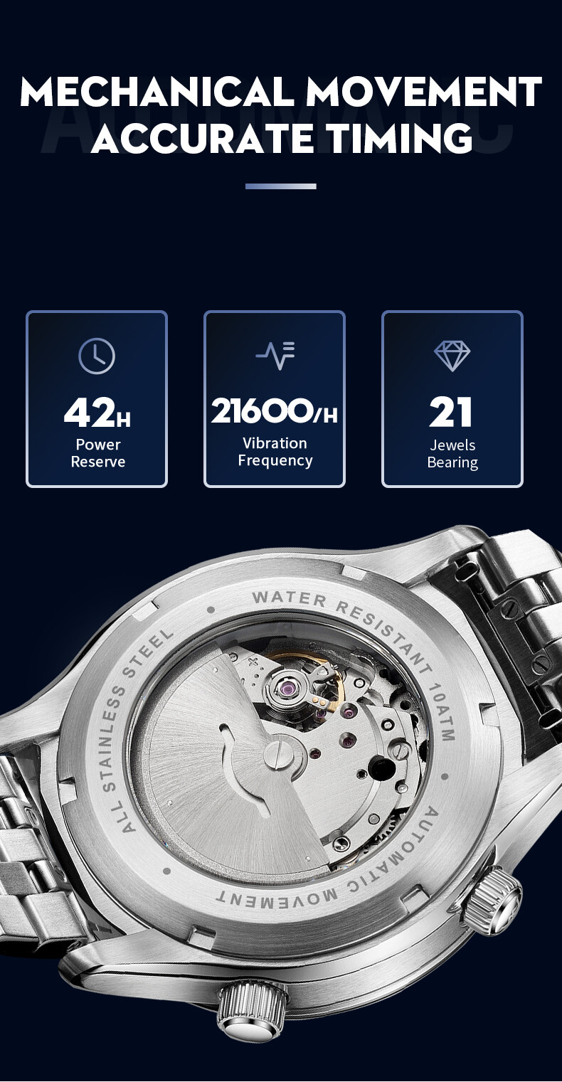 Welly Merck Automatic Mechanical Men's Watch 10ATM World Time Sapphire ...