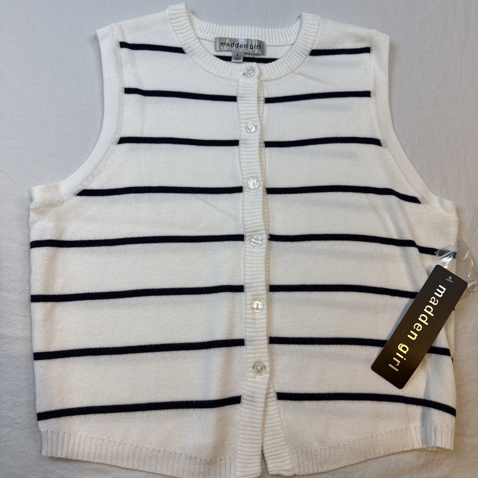 NWT MADDEN GIRL White NAVY STRIPE Cotton Knit Button-Up Vest Size Large ...