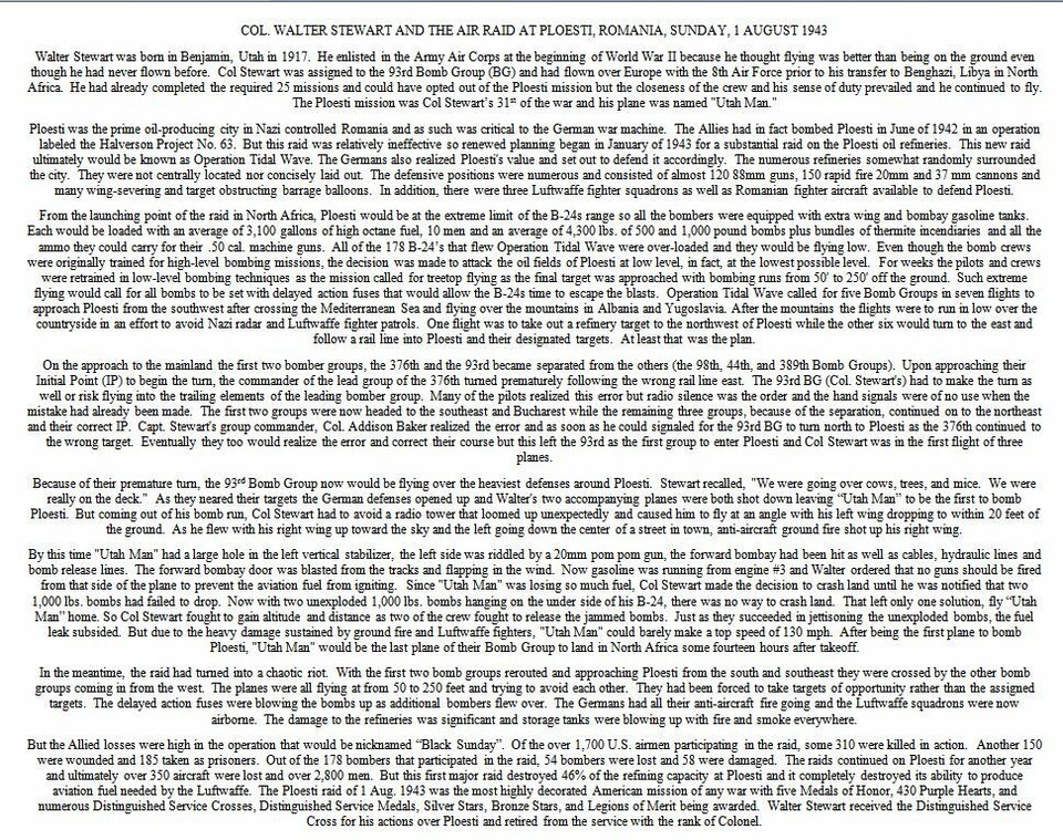 COL WALTER STEWART AUTO 8X10 B24 UTAH MAN 8/1/1943 OPERATION TIDAL WAVE ...