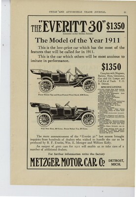1911 Metzger Motor Cars Everitt 30 Auto Ad: REV is KC Vehicle Gleason ...