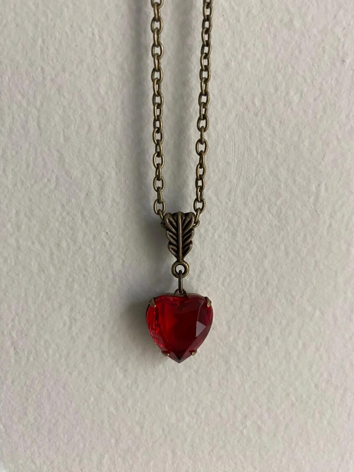 Red Rhinestone Heart Necklace 24" Antique bronze Chain | eBay