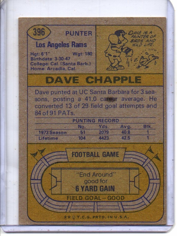 1974 TOPPS #396 DAVE CHAPPLE LOS ANGELES RAMS | eBay