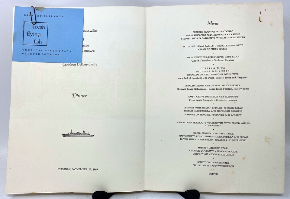 Vintage 1969 Holland America Line Dinner Menu SS Rotterdam Caribbean ...