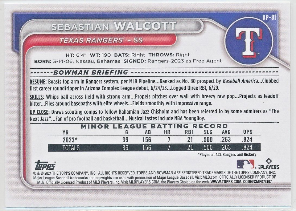 2024 Bowman Baseball - Sebastian Walcott - Texas Rangers - Prospect - # ...